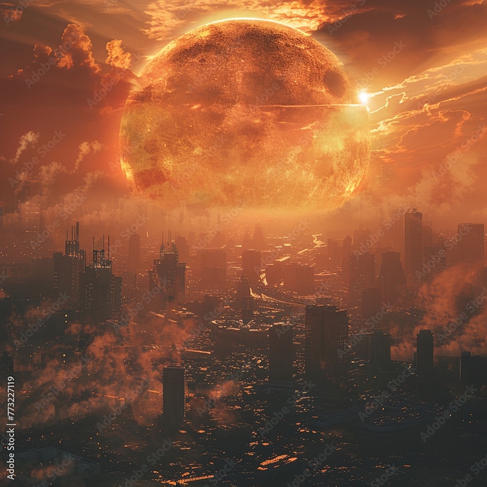 A cityscape with advanced cooling towers combating a heatwave under a ...