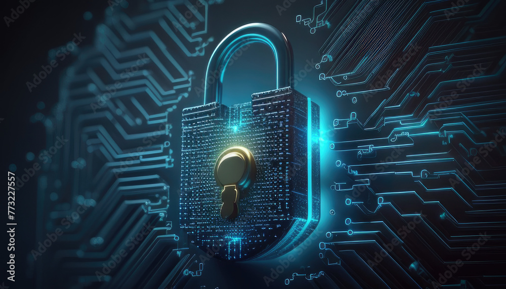 Lock on circuit pattern. Binary code lock, Big data and Cybersecurity service concept of ...