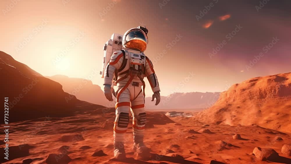Astronauts exploring unknown planet. People wearing space suits walking ...