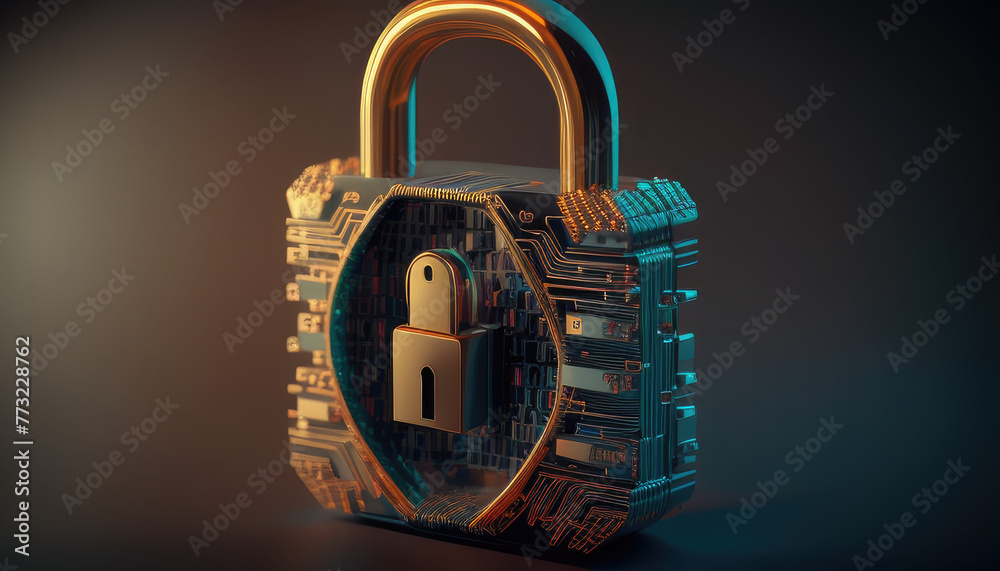 Lock on circuit pattern. Binary code lock, Big data and Cybersecurity service concept of ...