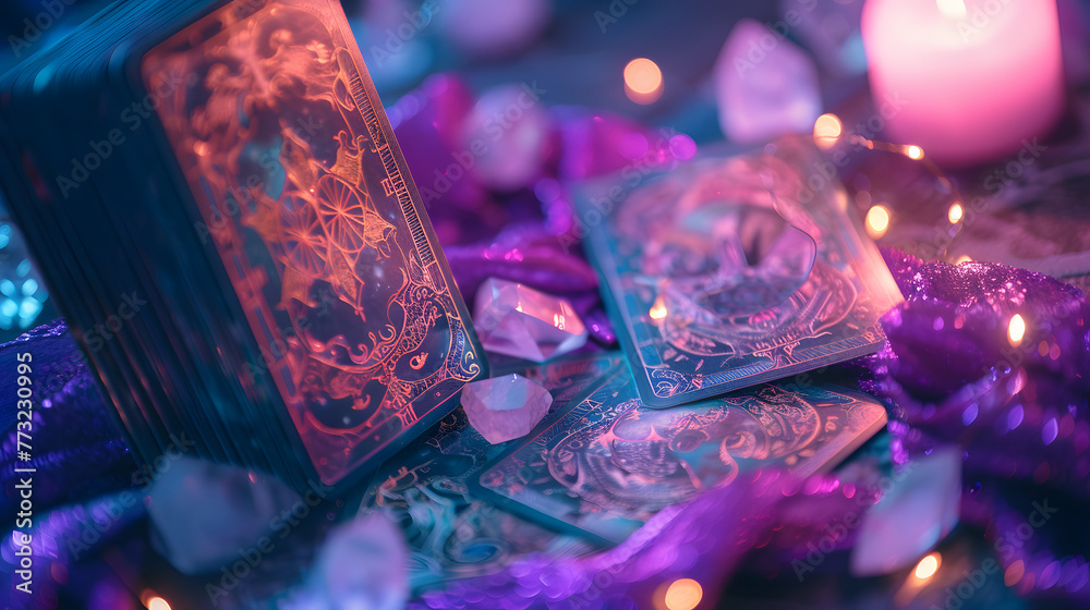 Foto de Magie fantaisiste : des cartes de tarot et des cristaux violets ...