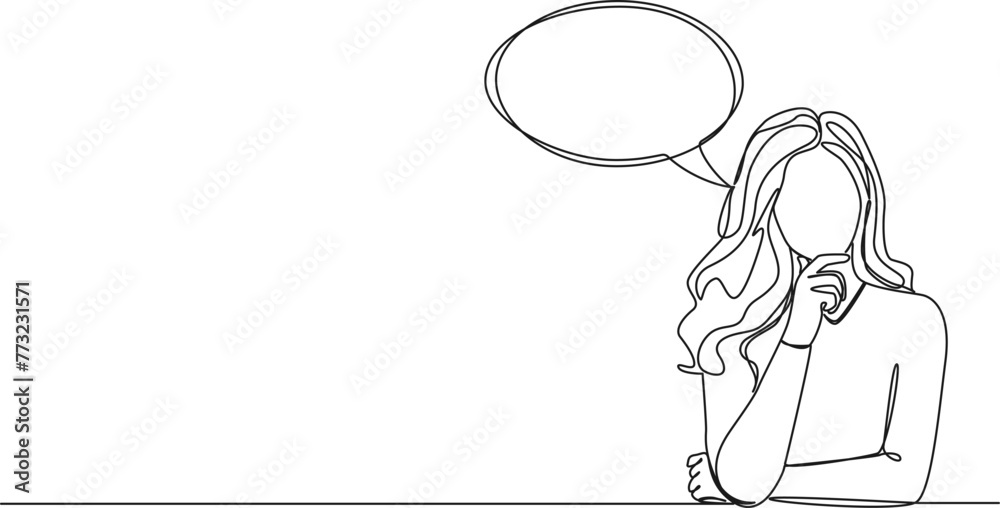 continuous single line drawing of skeptical woman with hand on chin ...