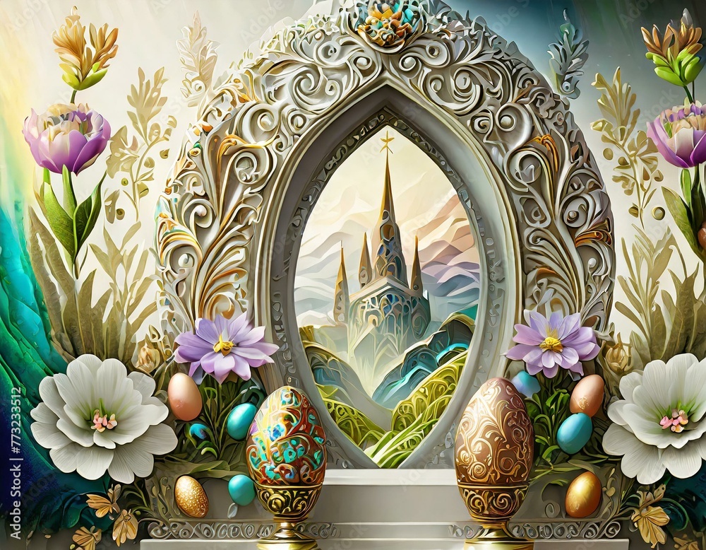 Magical easter scene with an ornate egg frame leading to a fantasy ...