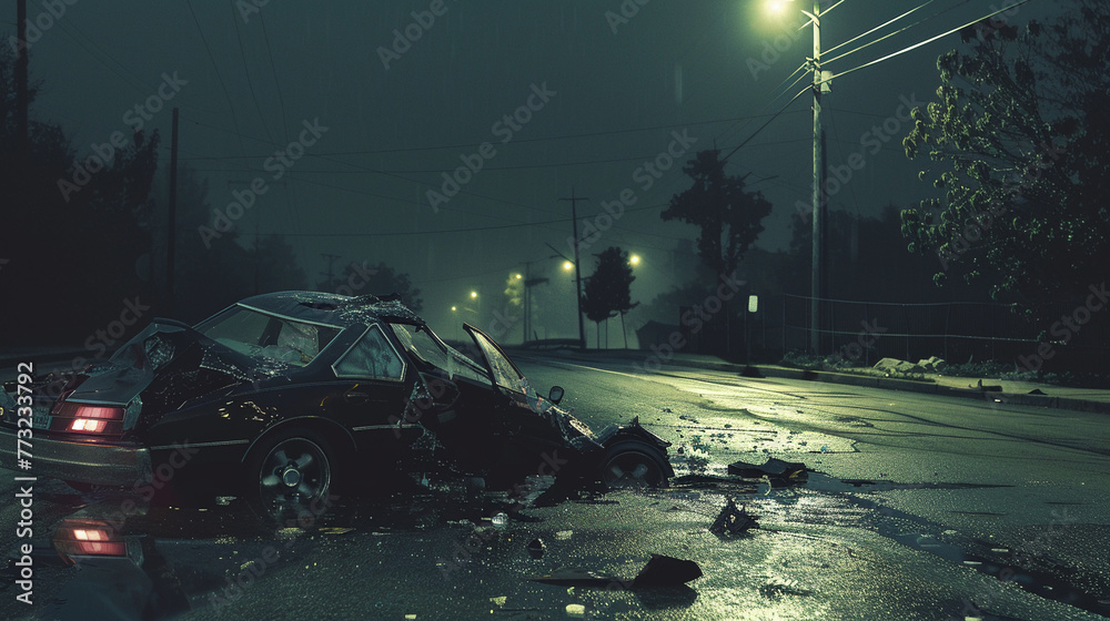 A nighttime setting accentuates the severity of a car crash on the road ...