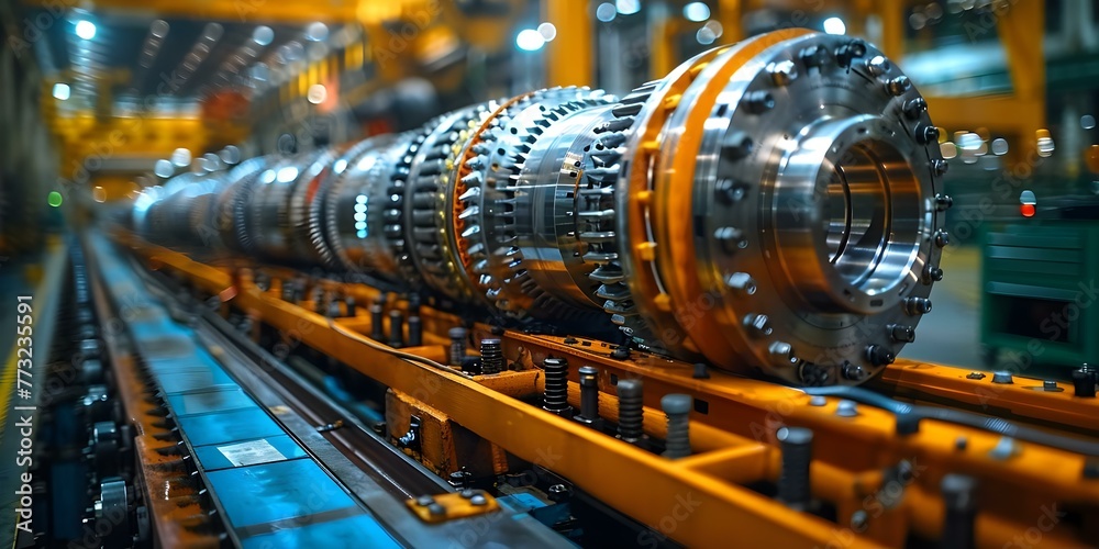 Workers assembling gas turbines in a mechanical engineering factory ...