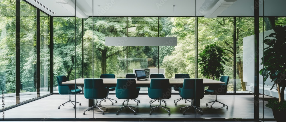 Front view of empty modern conference room with office table and chairs ...