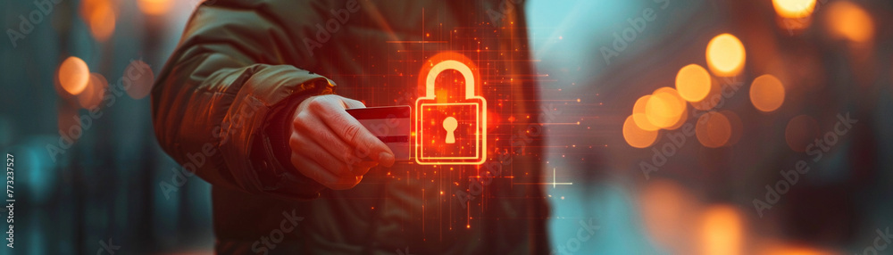 Man holding card, padlock symbol signaling security, twilight, focused ...