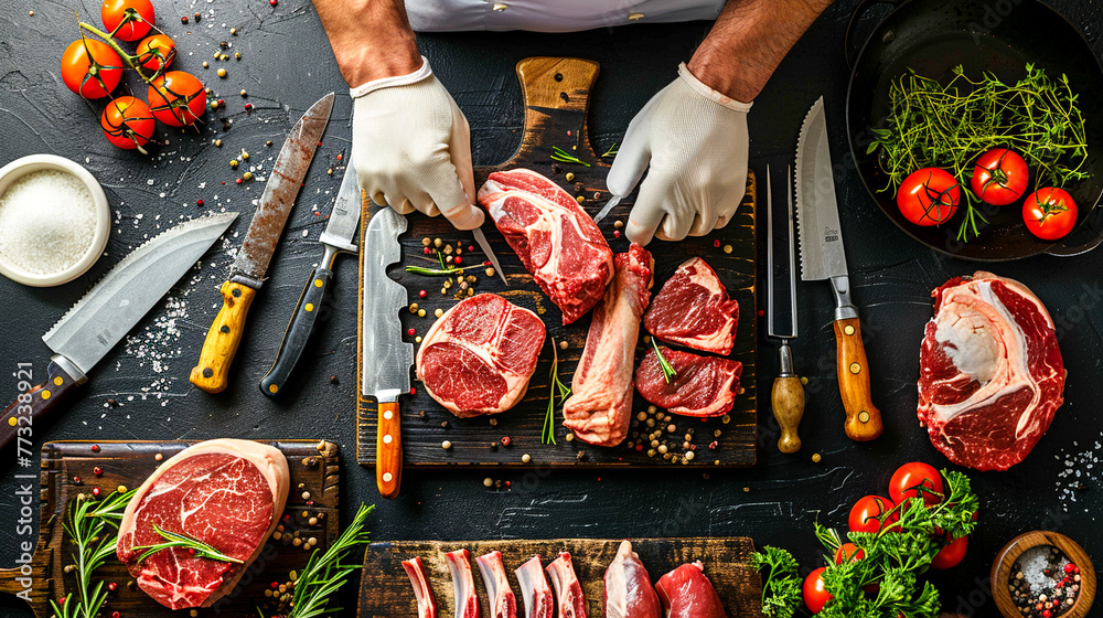 A skilled butcher demonstrating meat cutting techniques on a variety of ...