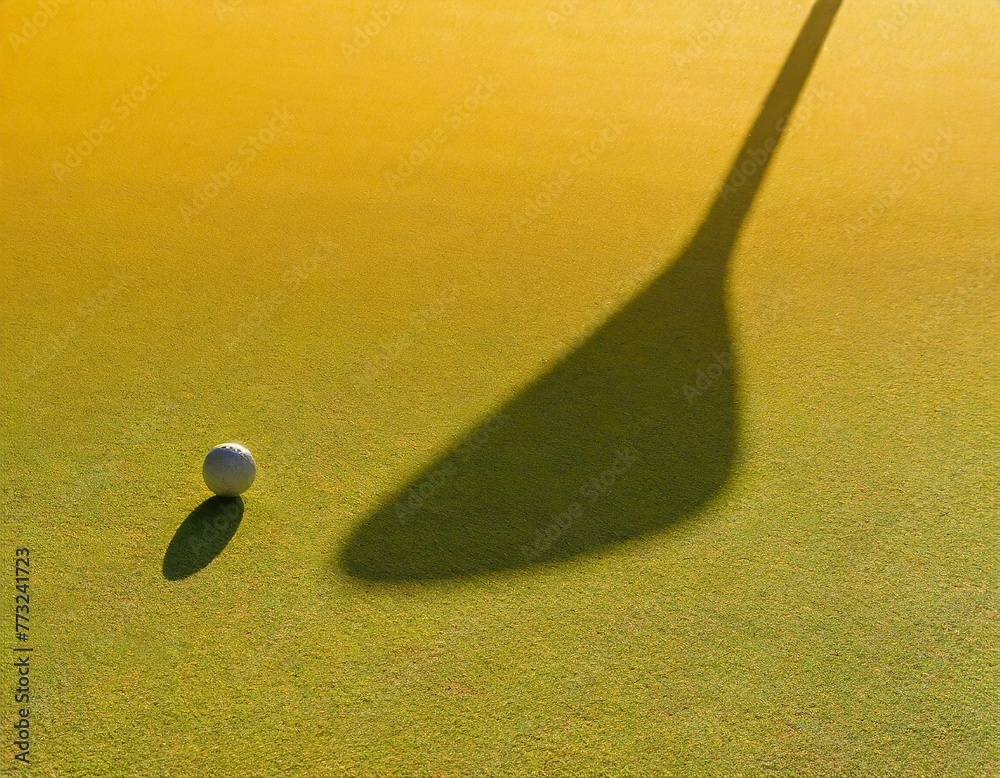 The shadow of a golf club cast long on the fairway during golden hour ...