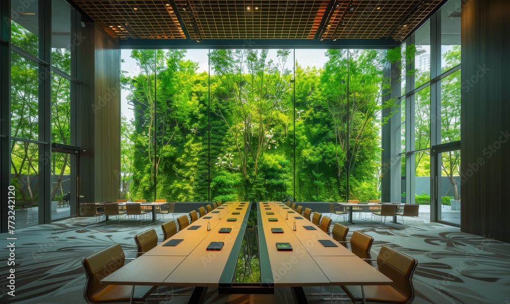 A modern eco-friendly boardroom featuring a long conference table ...