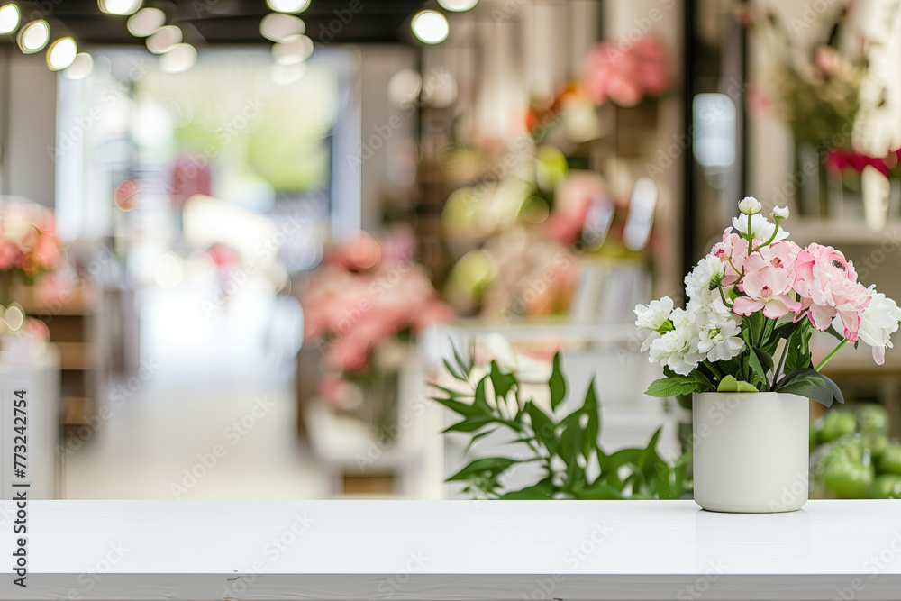 Beautiful flower shop interior with a blurred background of a white ...