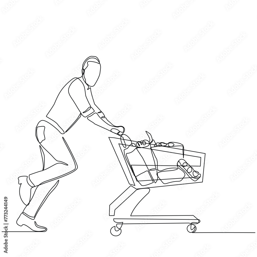 Continuous single line sketch drawing young happy man pushing shopping ...