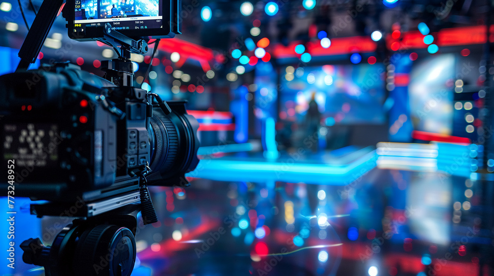 Modern video camera with a digital display recording an interview in a ...