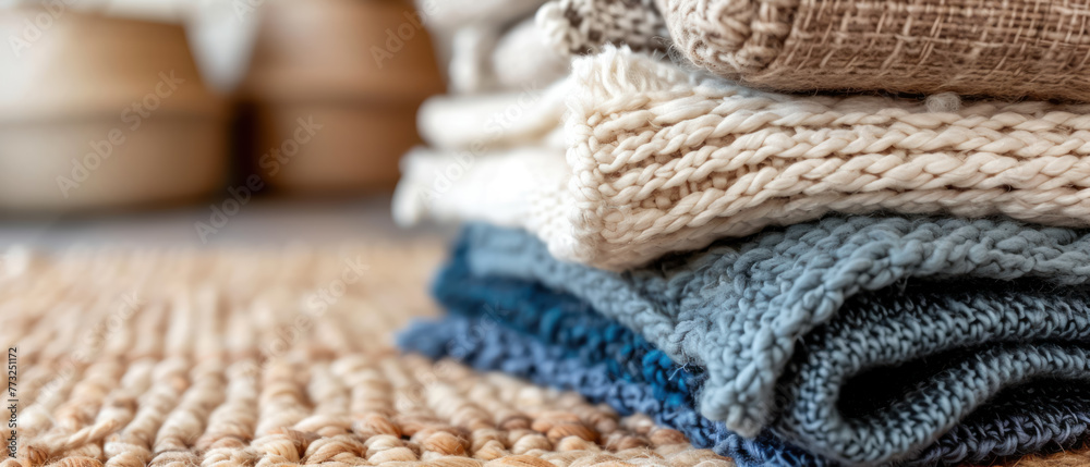 Stacked knitwear in rich textures, highlighting the cozy warmth and ...