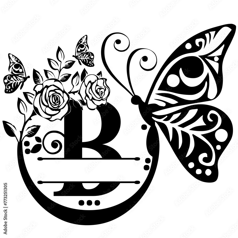 Black handwritten monogram capital letter B decorated with Roses and ...