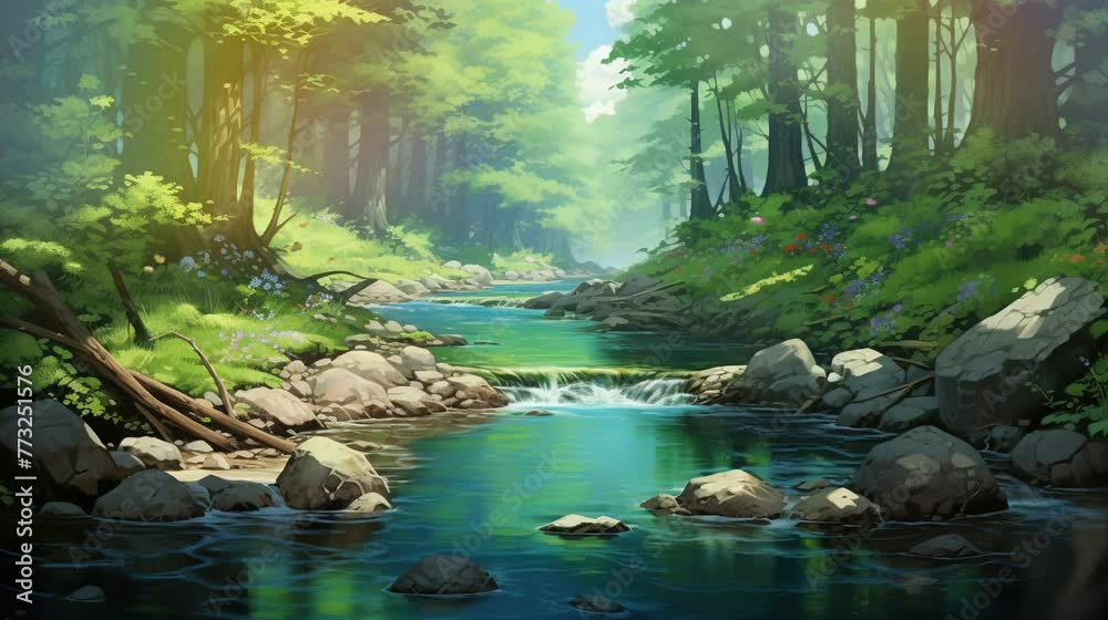 A narrow stream flows through a secluded part of a forest. Seamless ...