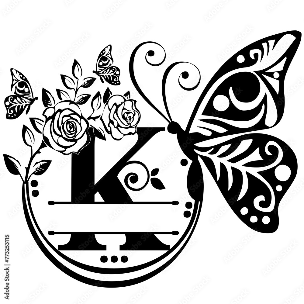 Black handwritten monogram capital letter K decorated with Roses and ...