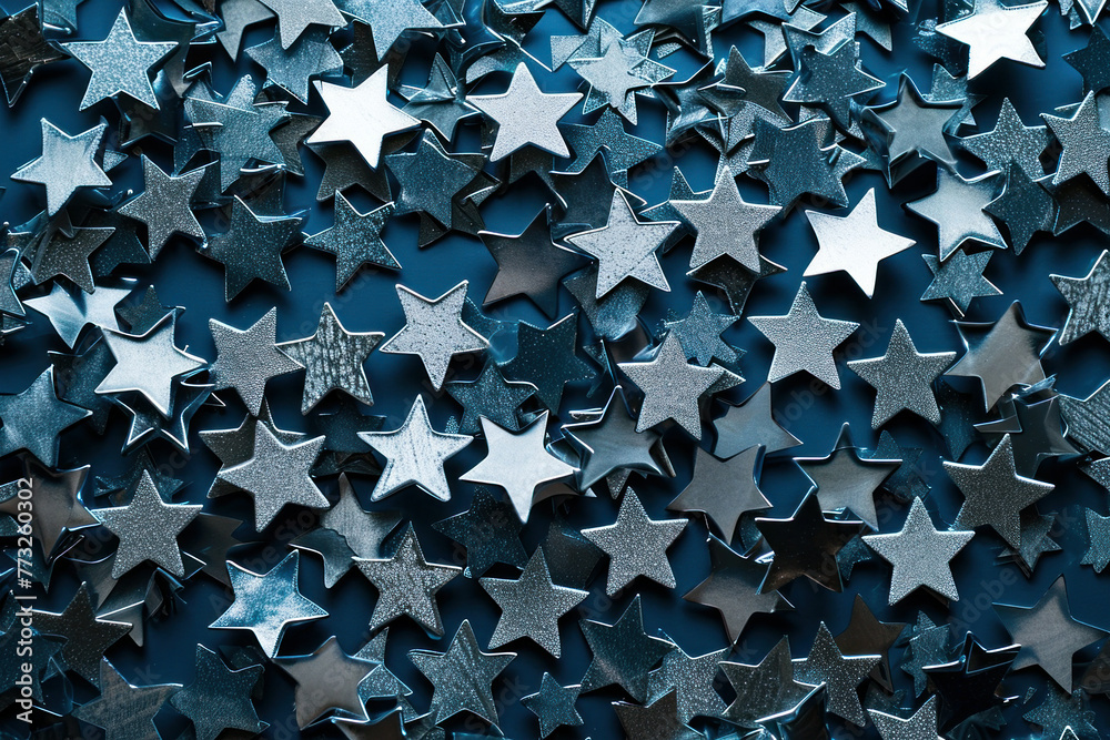 Starry night sky with a cluster of silver stars on dark blue background ...