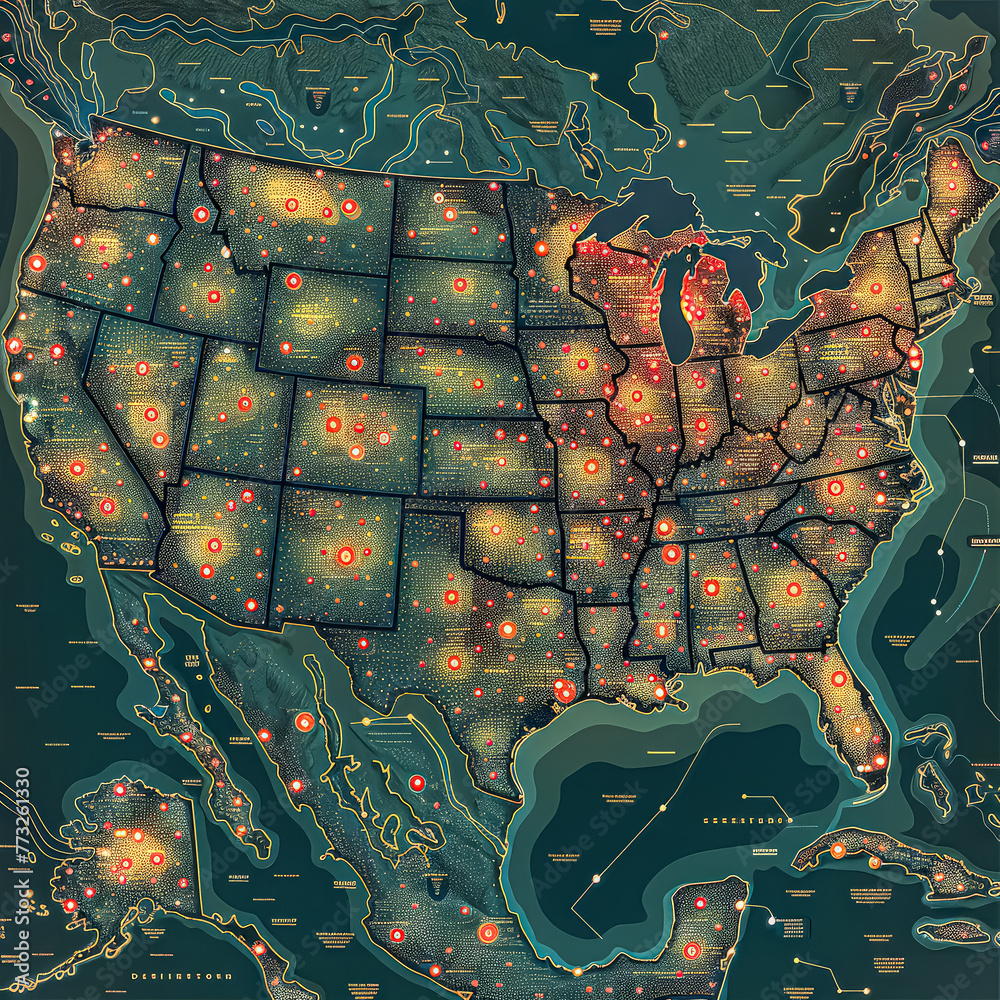 A map of the United States with many points of interest. The map is ...