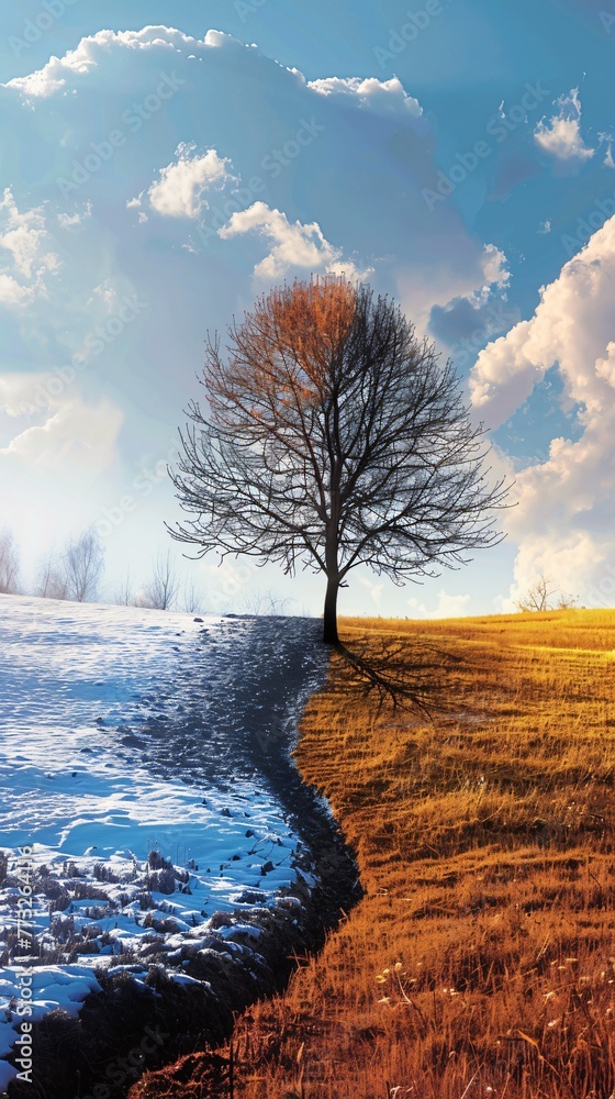 A landscape transitioning through the seasons from the bareness of ...