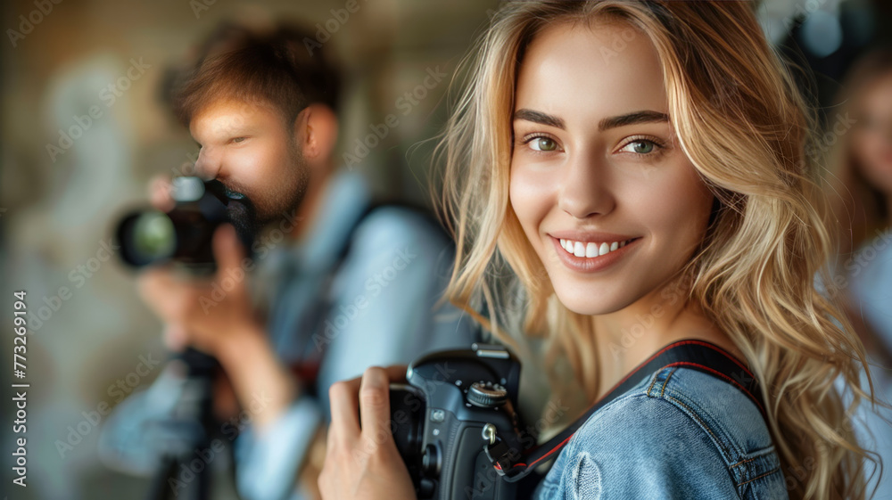 beautiful model and photographer with a photo camera at studio ...