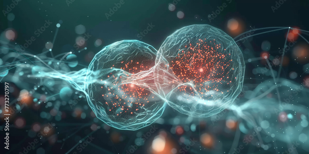 A digital illustration of two cells merging, cell on microscope, virus ...