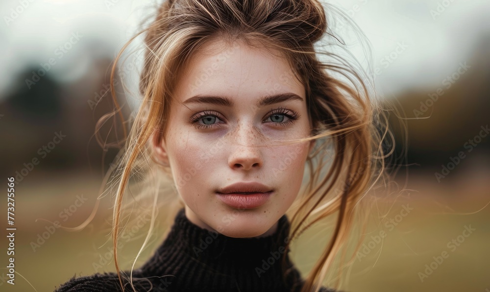 Beautiful young woman model, front view wide shot with copy space ...