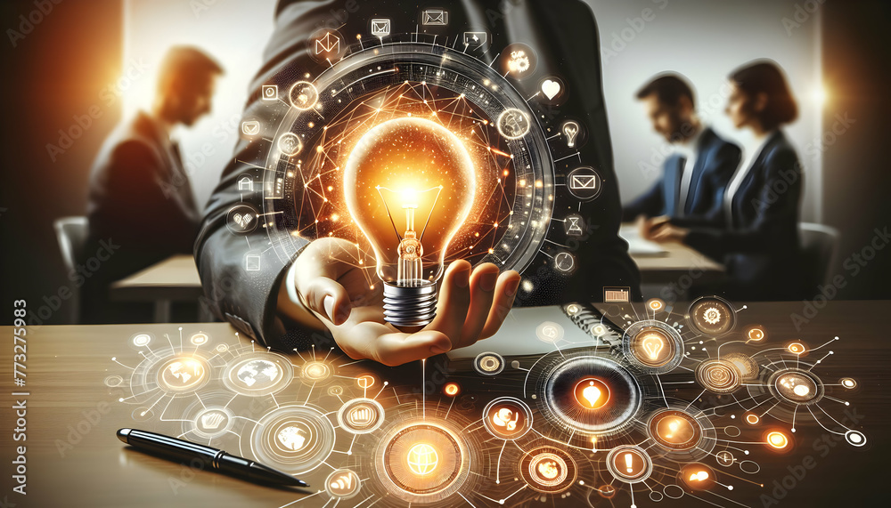 Idea Illumination A hand holding an abstract lightbulb illuminating a ...