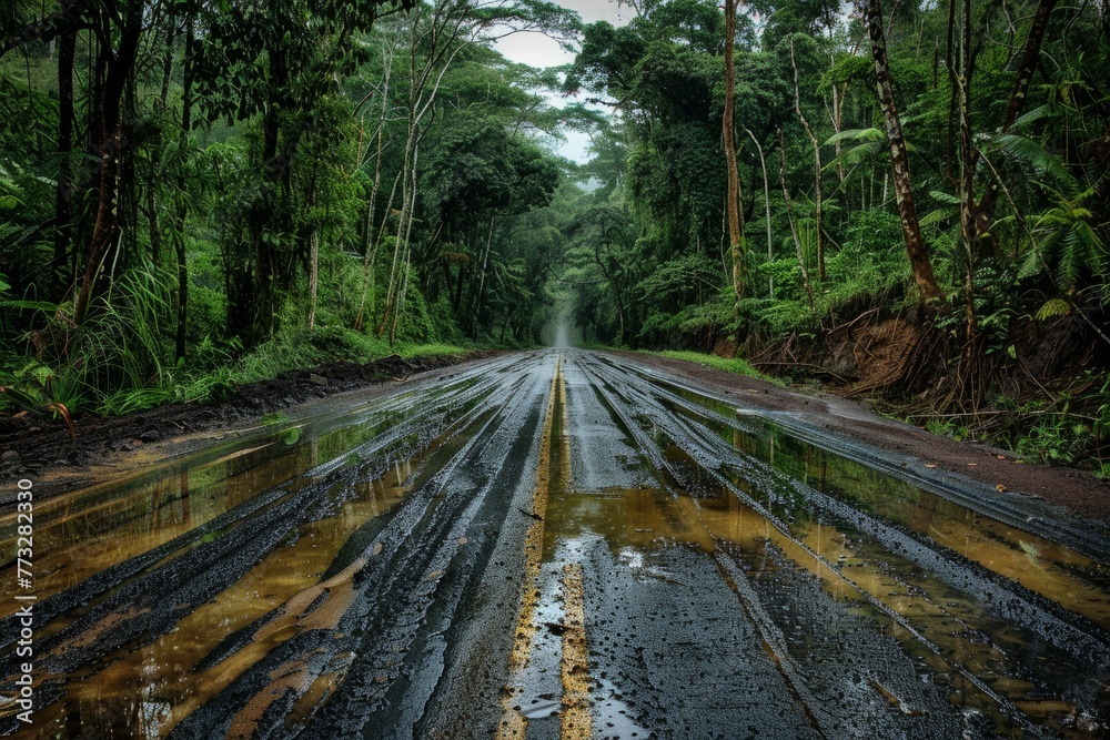 Rainy day in jungle, wet road with mud and puddles. Nature, wilderness ...