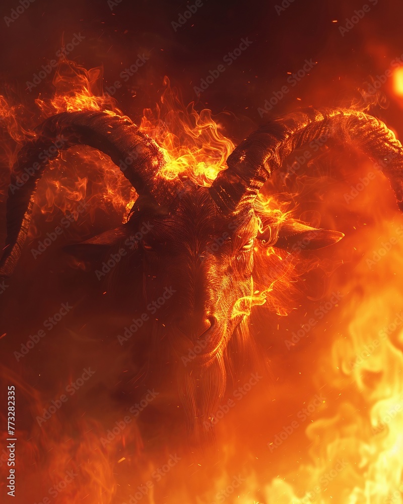 Demon goat god in hellfire, Baphomet essence, smoky inferno, dark with ...