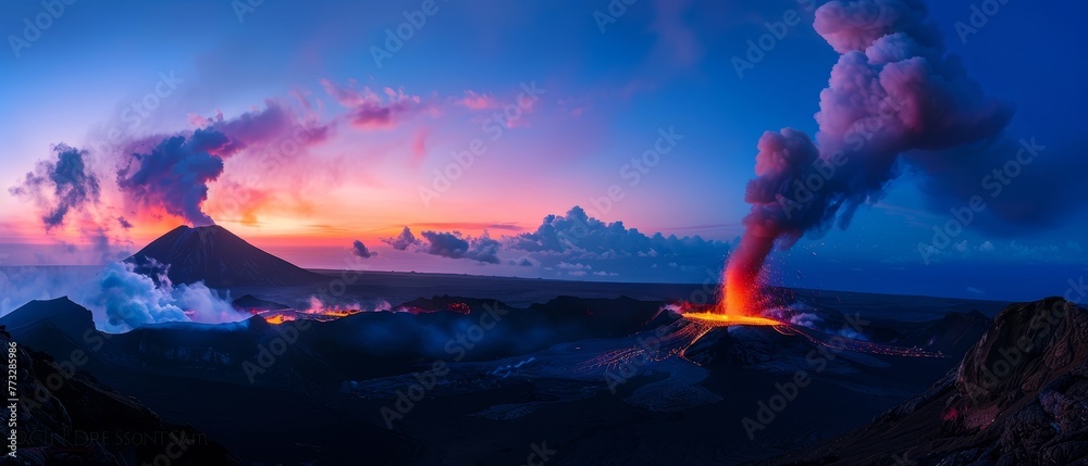 A towering volcano erupts in spectacular fashion, spewing molten lava and ash against a dramatic ...