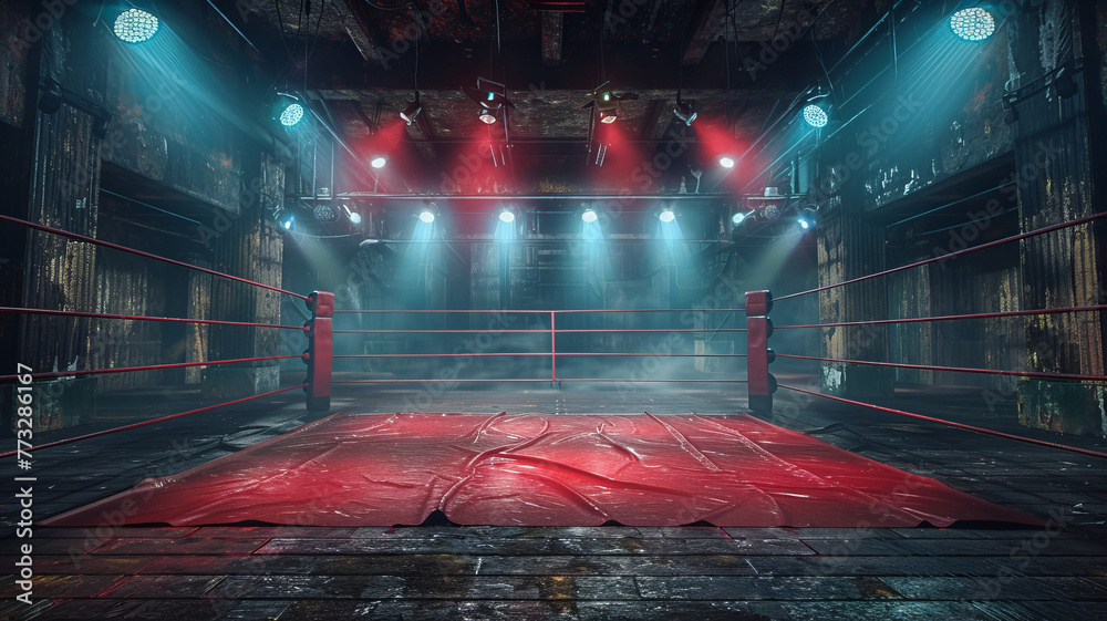 Epic empty boxing ring in the spotlight on the fight nightvibrant stage ...