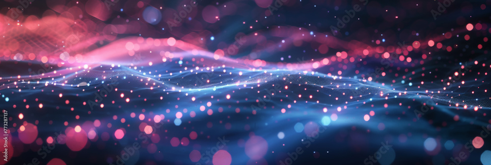 blue and pink abstract with digital connections and lines, dots representing digital binary data ...