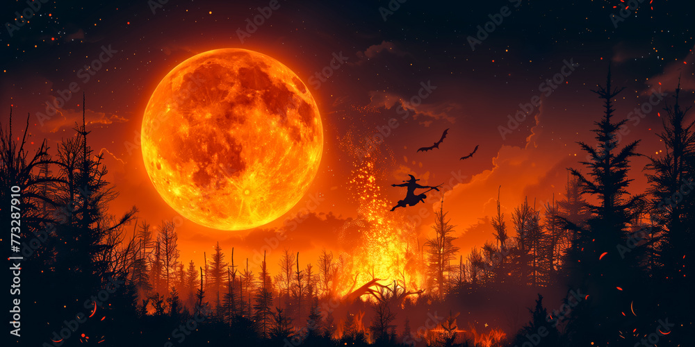 Walpurgis Night, featuring a fiery blood moon rising above a forest ...