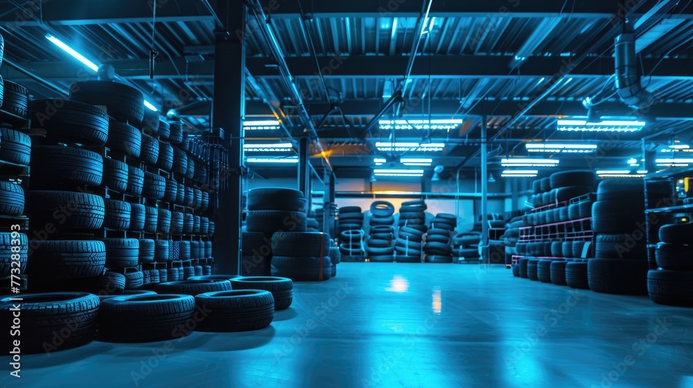 Automated tire repair hub, stacks of advanced grip tires ready for ...