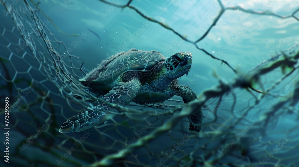 Turtles are caught in fishing nets on the seabed.World Ocean Day world ...