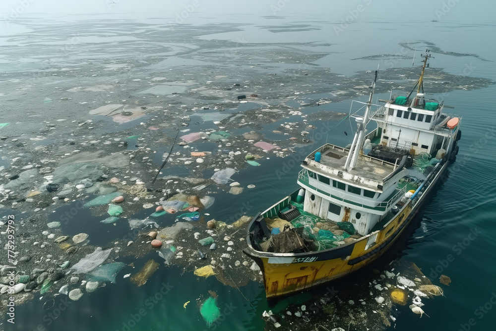Bateau de pêche au milieu de la mer entouré de déchets de plastique et ...