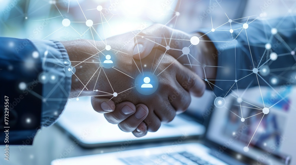 Business man handshake with effect global world map network link ...