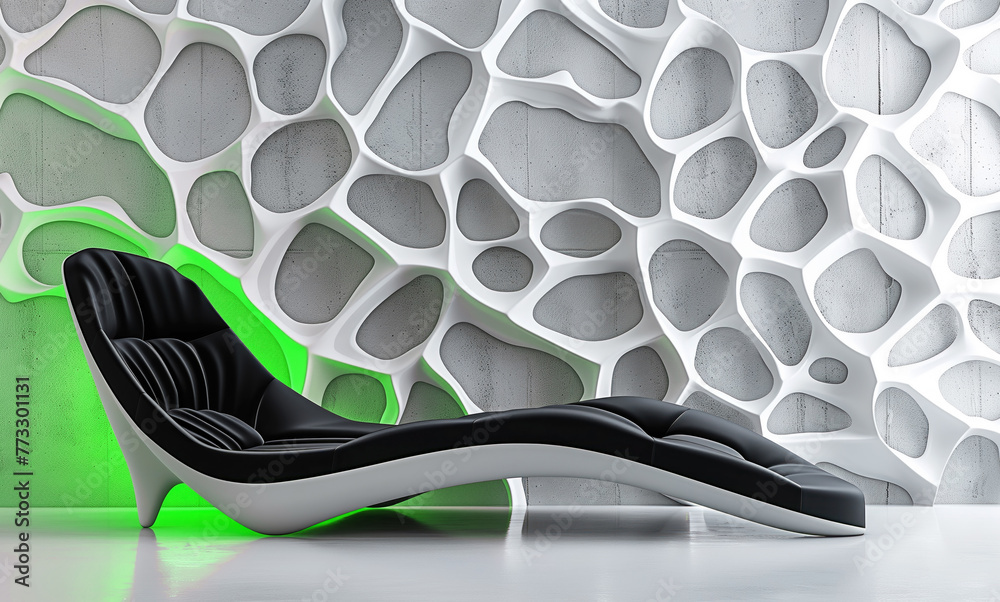 Abstract modern lounge with sculptural chair and 3D wall design. The ...