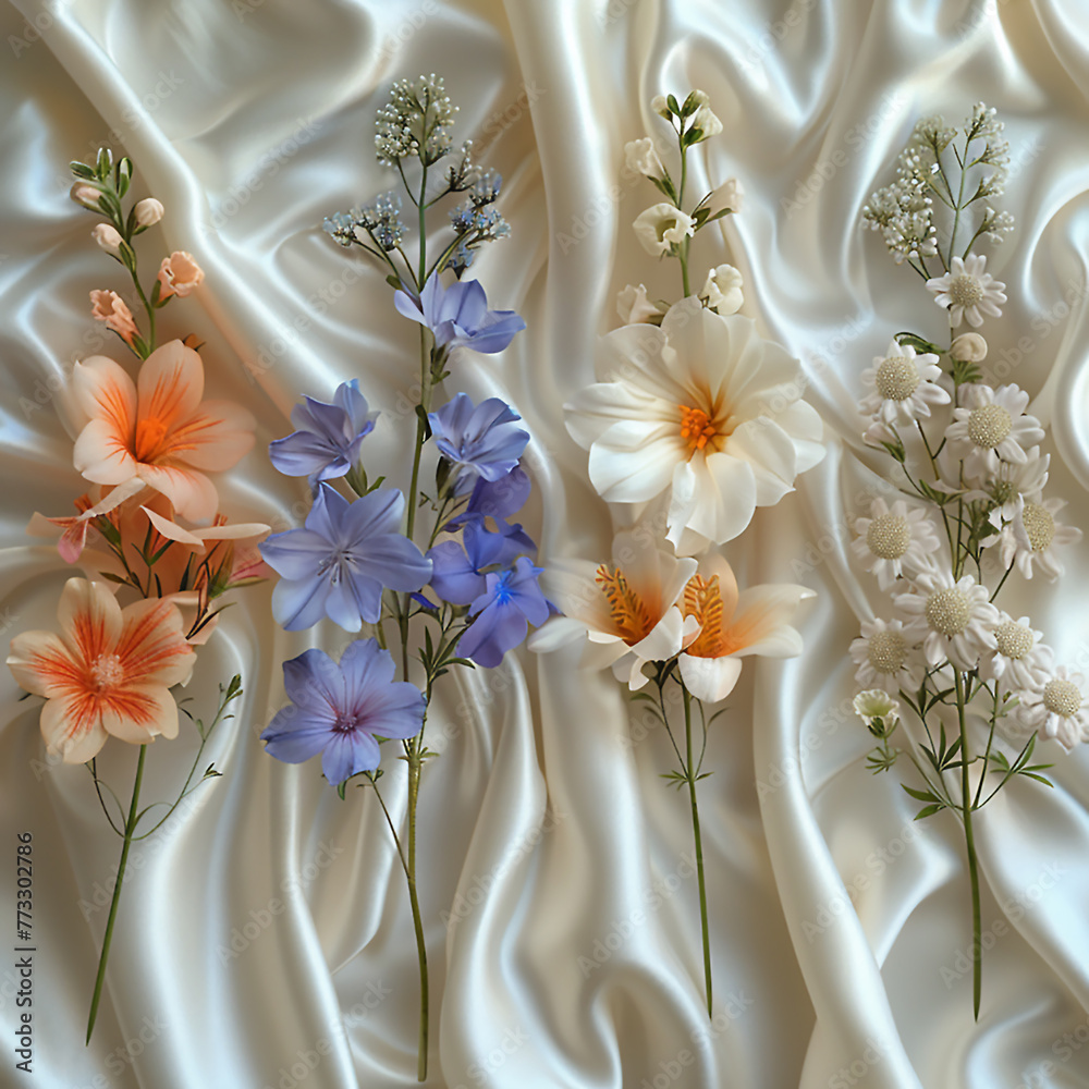 3D render of white silk fabric with a blue flowers pattern, seamless ...