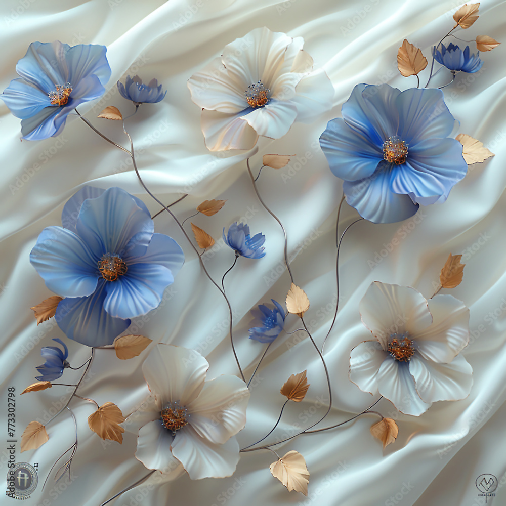 3D render of white silk fabric with a blue flowers pattern, seamless ...