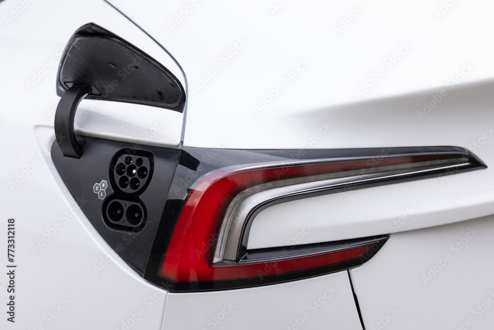 Type 2 CCS plug port on electric vehicle. DC - CCS type 2 EV charging ...