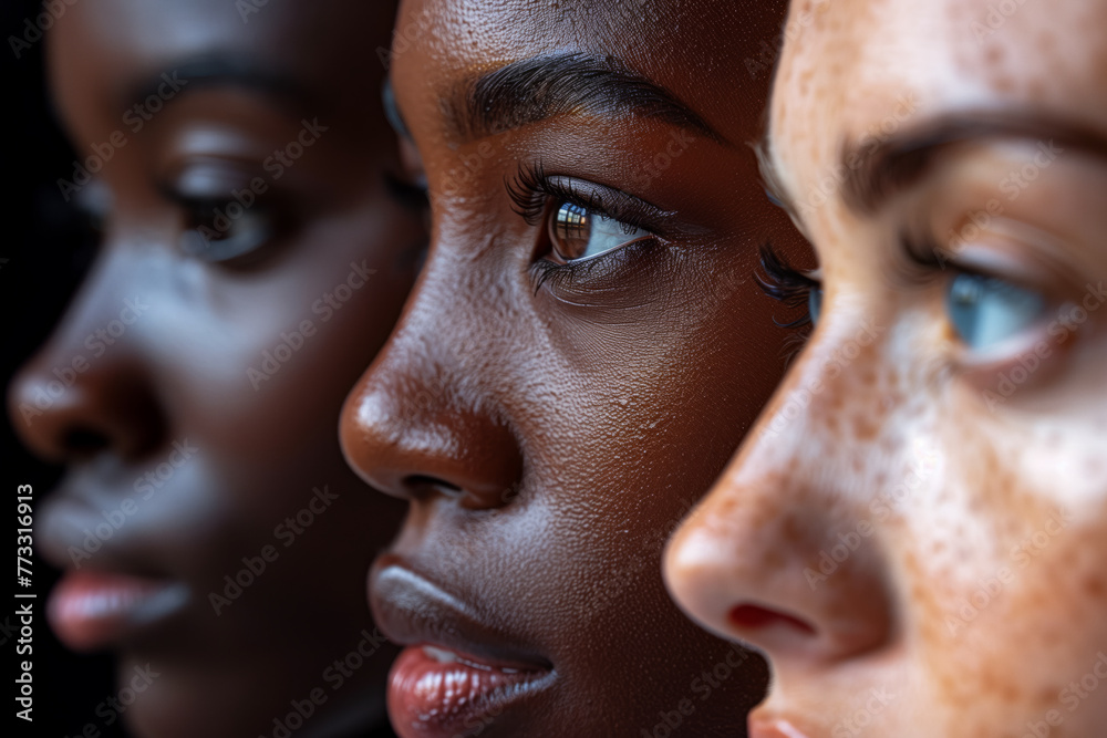 Three women with different skin tones and features are shown in profile ...