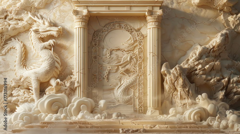 A fantastical alabaster statue of a door that opens into different ...