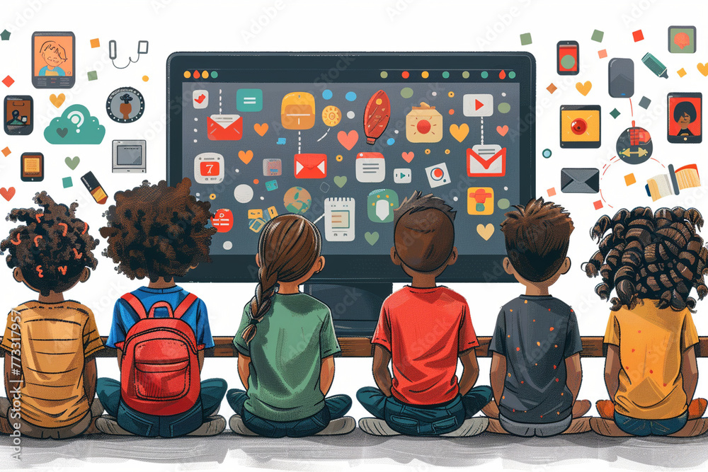 Illustration of children accessing technology and digital learning ...