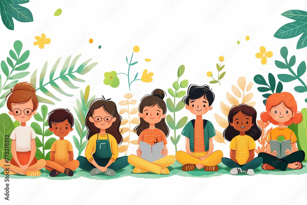 Illustration of children participating in peer support groups and ...
