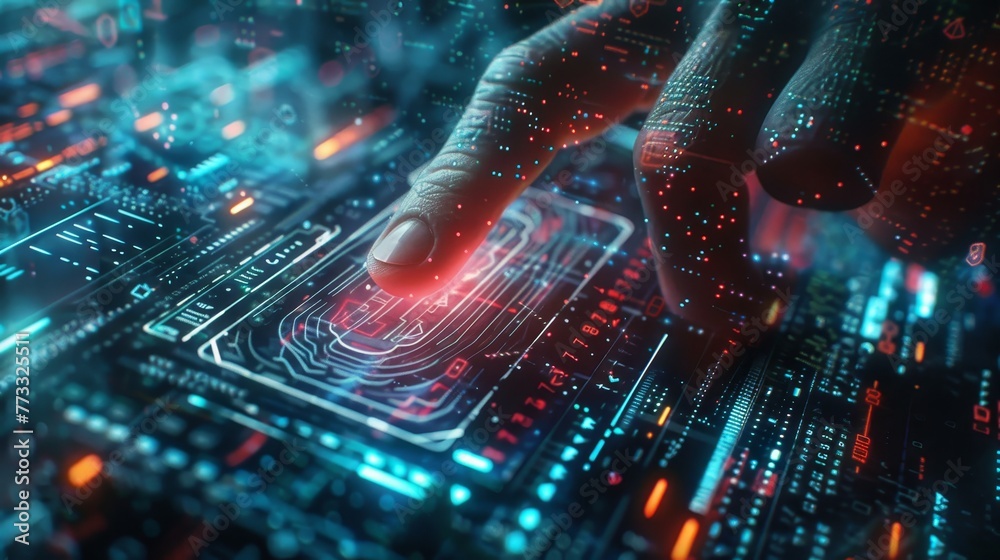 A hand is pointing at a computer screen with a red finger. The image is ...