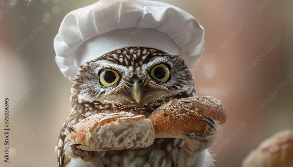 Capturing a whimsical moment, a baby owl dons a chef's uniform, its ...