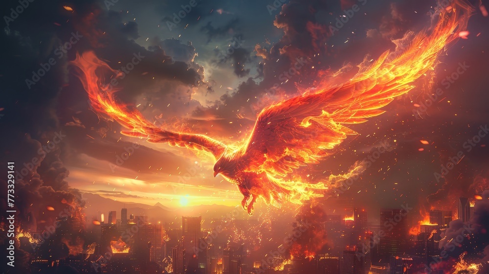 A fiery bird is flying over a city with smoke and fire in the ...