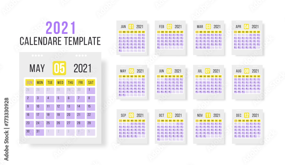 12 months yearly calendar set in 2021 on white background for ...
